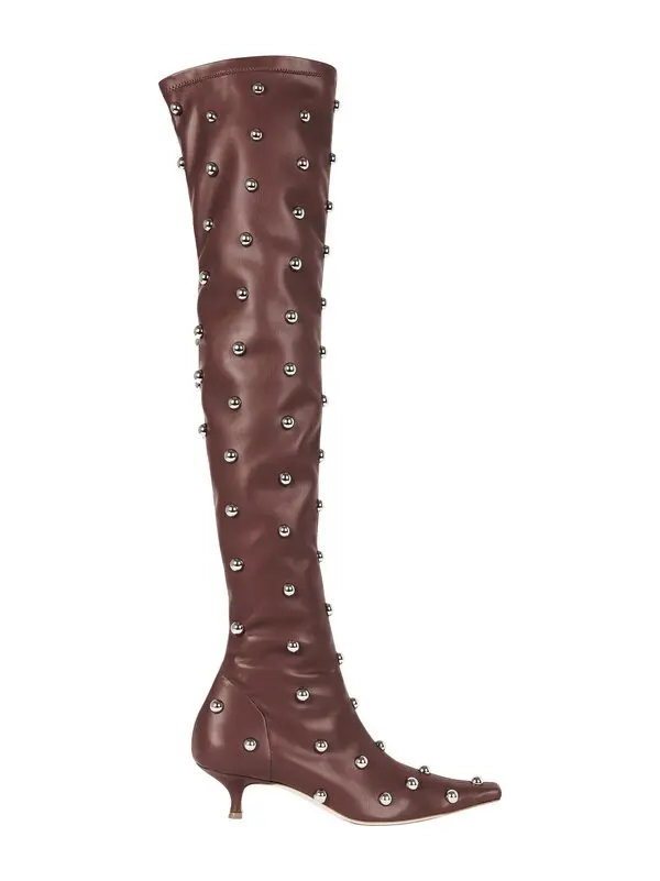 A.W.A.K.E. Mode Veronica Borchie Over-the-knee Studded Faux Stretch Leather Boots - Brown