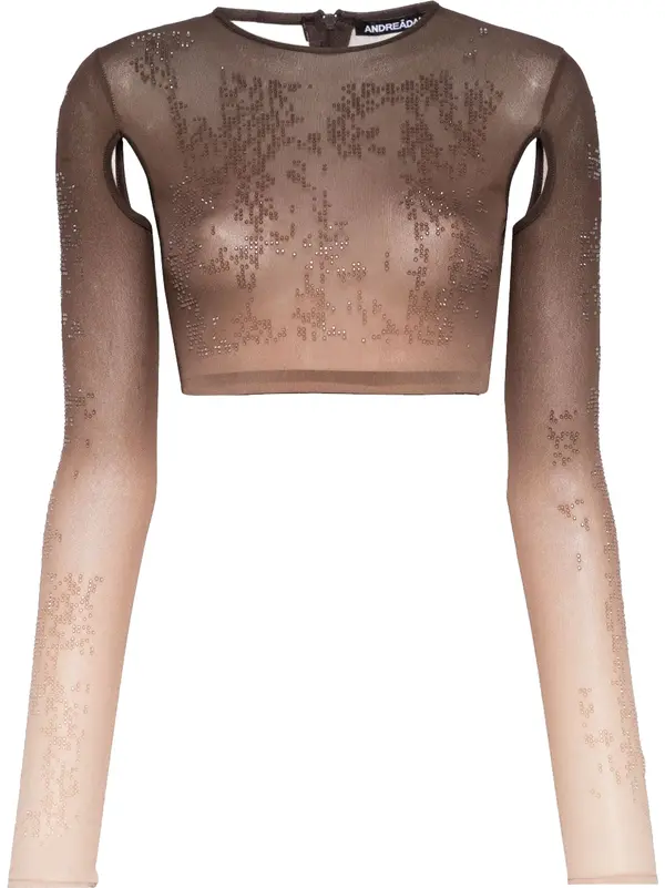 ANDREĀDAMO Rhinestone-embellished Ombré Crop Top - Brown