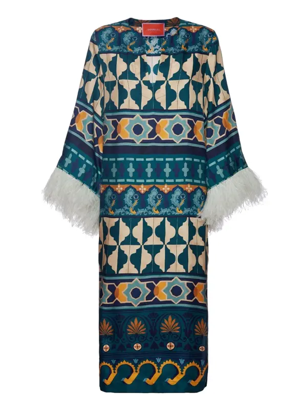 La DoubleJ Kaftan Feather-trim Dress - Blue