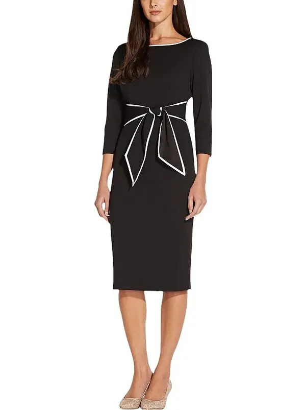 Adrianna Papell Tipped Crepe Tie Waist Dress - Black/ivory