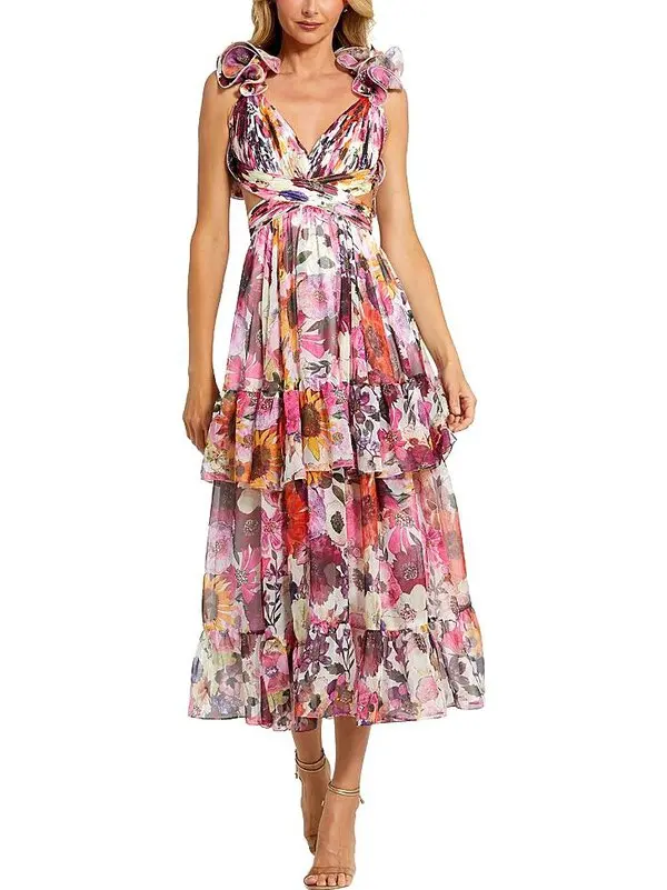 Mac Duggal Floral Chiffon Midi Dress With Ruffle And Cut-out Detail - White Multi