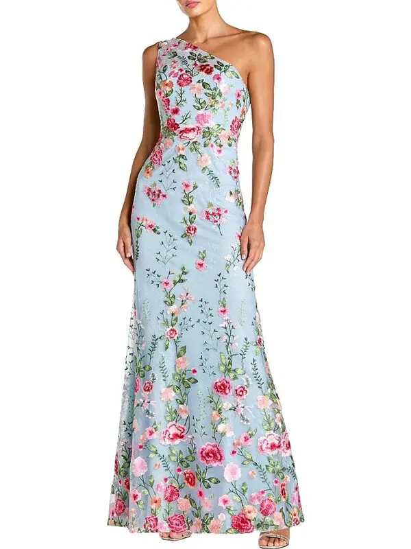 Mac Duggal One-shoulder Embroidered Lace Gown - Powder Blue Multi