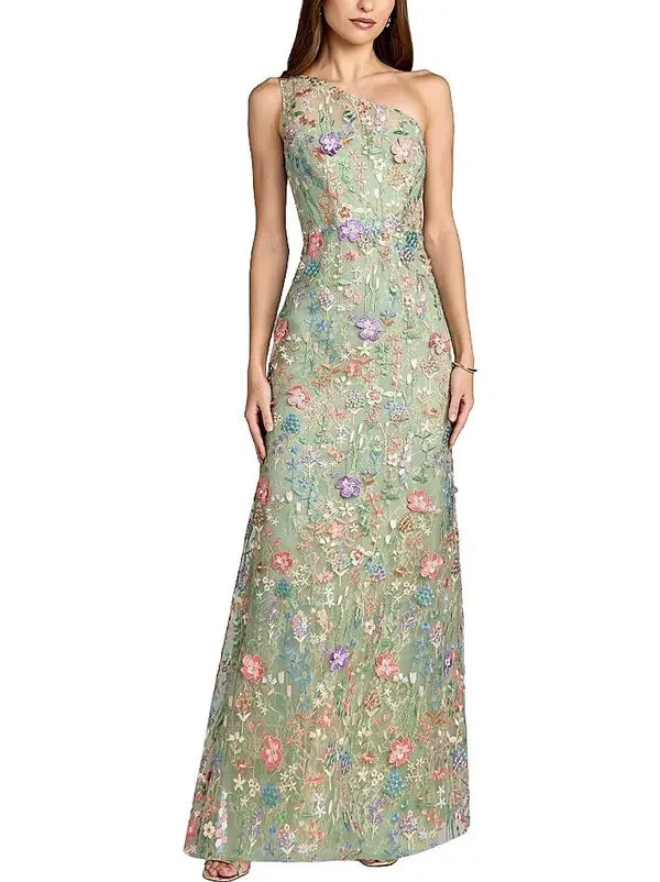 Mac Duggal One-shoulder Embroidered Lace Gown - Sage Multi