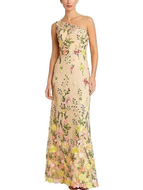 Mac Duggal One-shoulder Embroidered Lace Gown - Yellow Multi