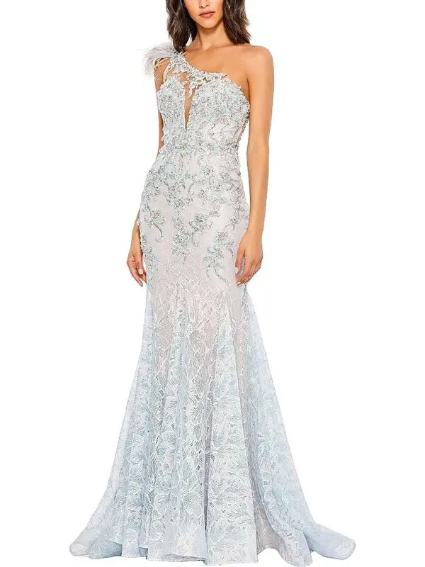 Mac Duggal Embroidered Applique Feathered One Shoulder Gown - Crystal Blue