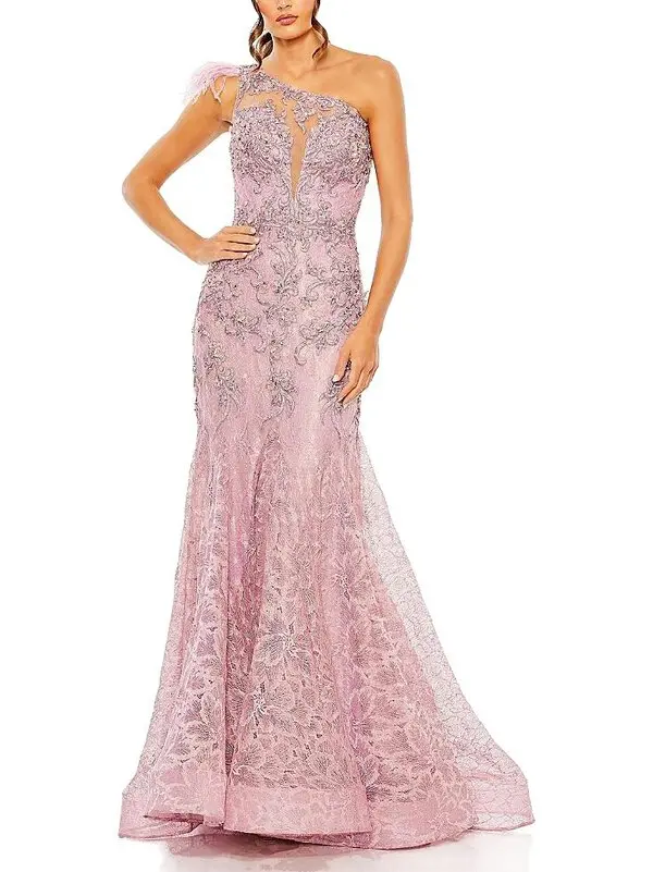 Mac Duggal Embroidered Applique Feathered One Shoulder Gown - Rose