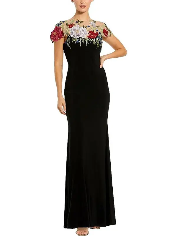 Mac Duggal Floral Embellished Jersey Gown - Black Multi