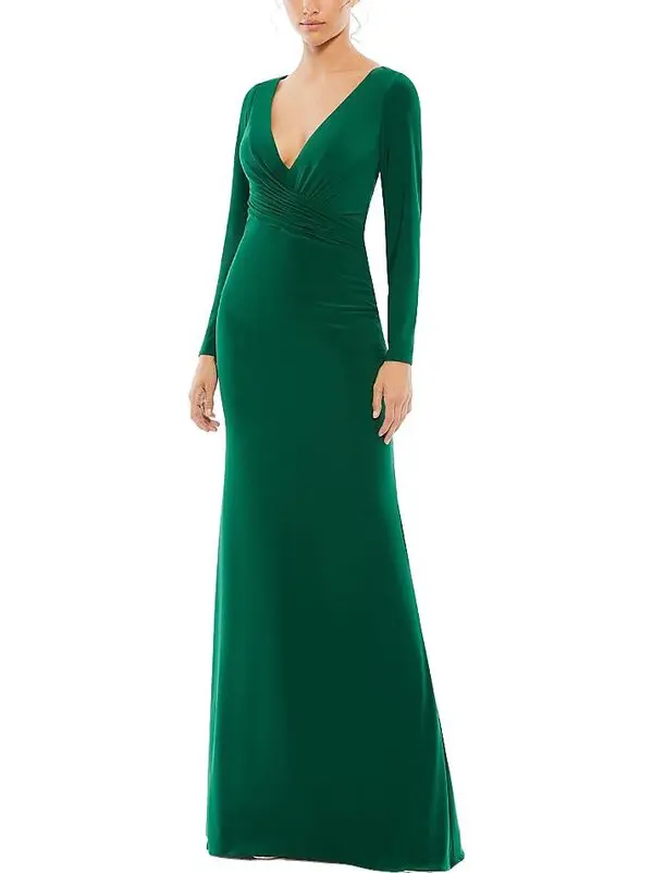 Mac Duggal Long Sleeve Ruched Jersey V-neck Gown - Emerald