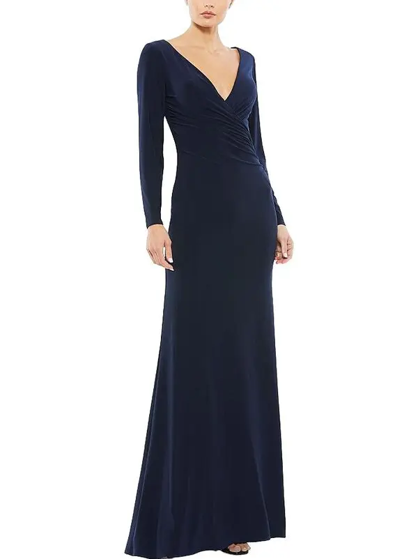 Mac Duggal Long Sleeve Ruched Jersey V-neck Gown - Midnight