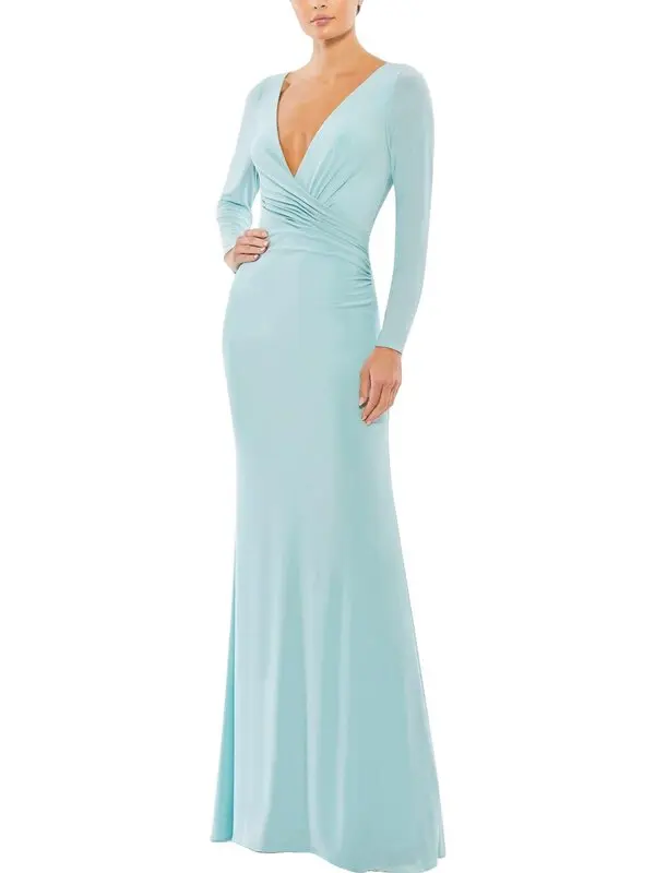 Mac Duggal Long Sleeve Ruched Jersey V-neck Gown - Powder Blue