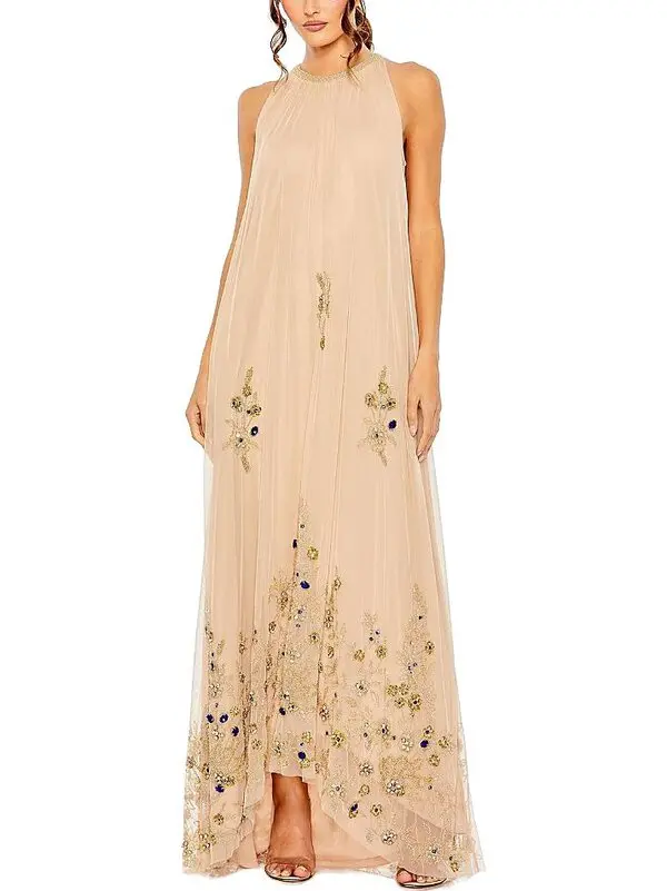 Mac Duggal High Neck Floral Embellished Gown - Nude Gold