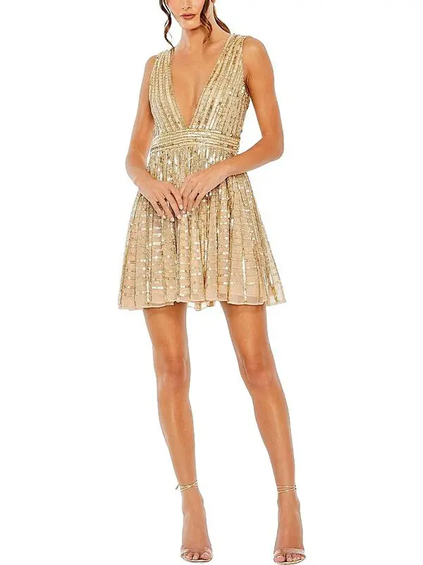 Mac Duggal Embellished Sleeveless A-line Dress - Nude Gold