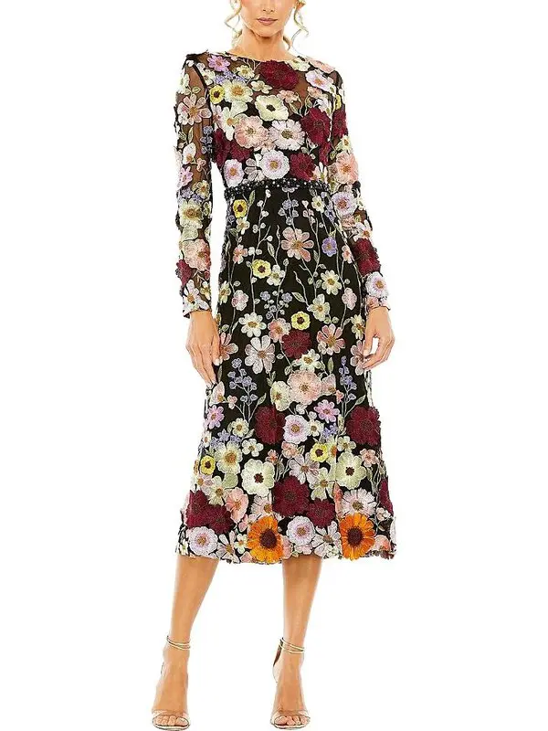 Mac Duggal High Neck Floral Embellished A-line Dress - Black Multi