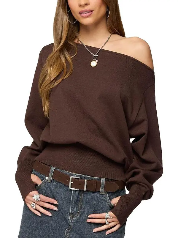 EDIKTED Off Shoulder Sweater - Brown