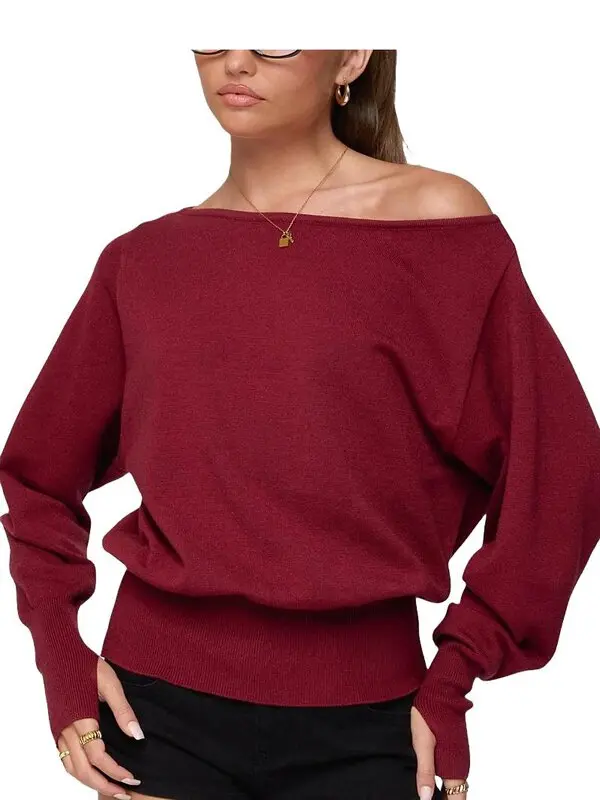 EDIKTED Off Shoulder Sweater - Burgundy
