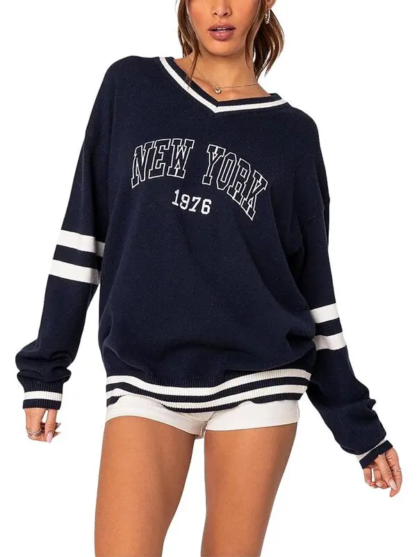 EDIKTED 90s In New York Oversized Sweater - Navy