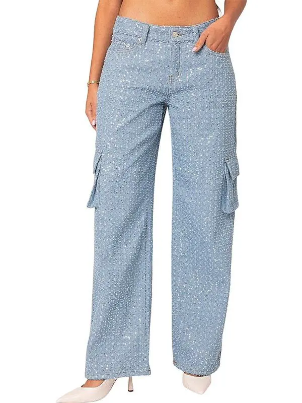 EDIKTED Sequin Embellished Low Rise Cargo Jeans - Light Blue