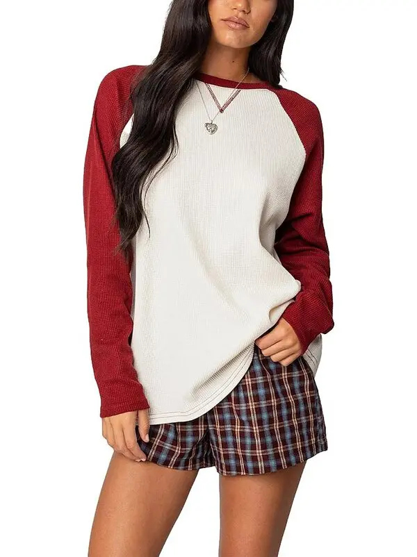 EDIKTED Oversized Waffle Top - Burgundy