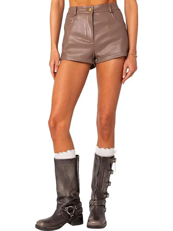 EDIKTED High-rise Faux Leather Shorts - Brown