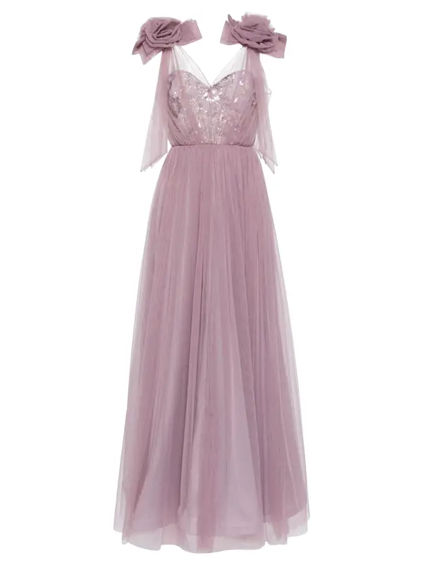 Badgley Mischka Floral-appliqué Tulle Gown - Purple
