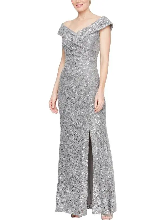 Alex Evenings Floral Embroidered Sequin Off The Shoulder Gown - Pewter