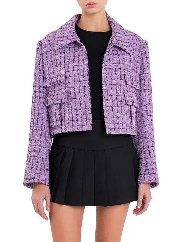 English Factory Windowpane Check Tweed Crop Blazer - Purple