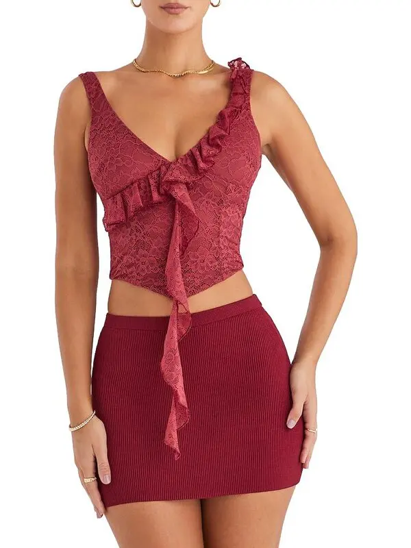 MISTRESS ROCKS Ruffle Lace Plunge Neck Top - Sangria