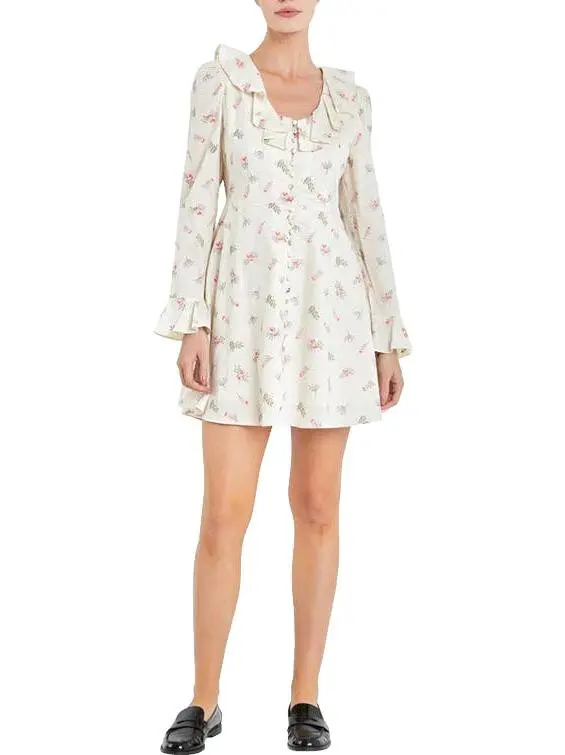 English Factory Floral Ruffle Long Sleeve Minidress - Ivory
