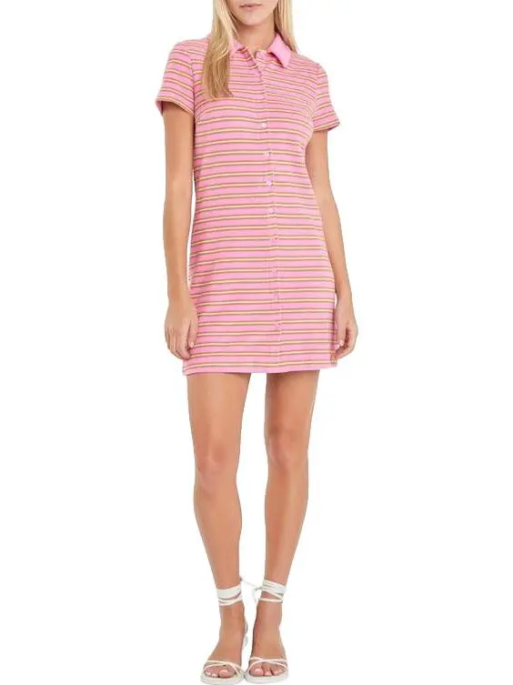 English Factory Stripe Terry Cloth Polo Mini Shirtdress - Pink Multi
