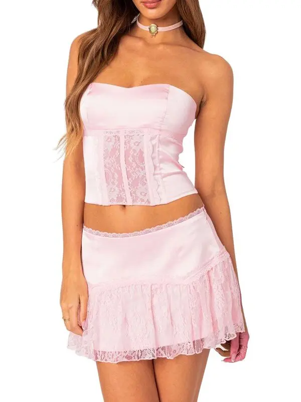 EDIKTED Lex Satin & Lace Corset Top - Light-pink