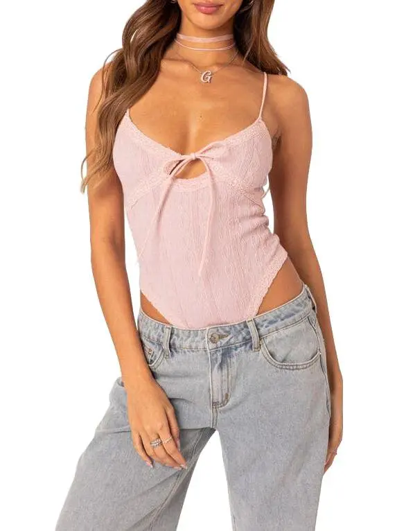 EDIKTED Lacey Keyhole Knit Bodysuit - Light-pink