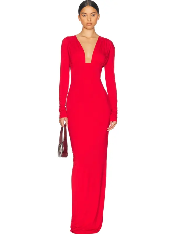 HELSA Jersey Deep V Maxi Dress - Chile