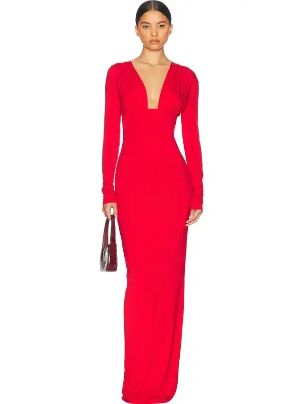 HELSA Jersey Deep V Maxi Dress - Chile