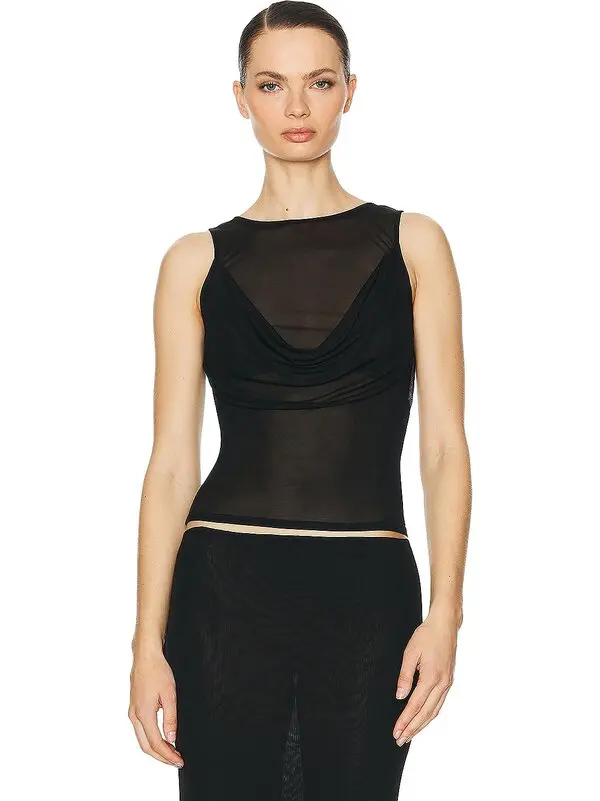 HELSA Sheer Knit Draped Top - Black