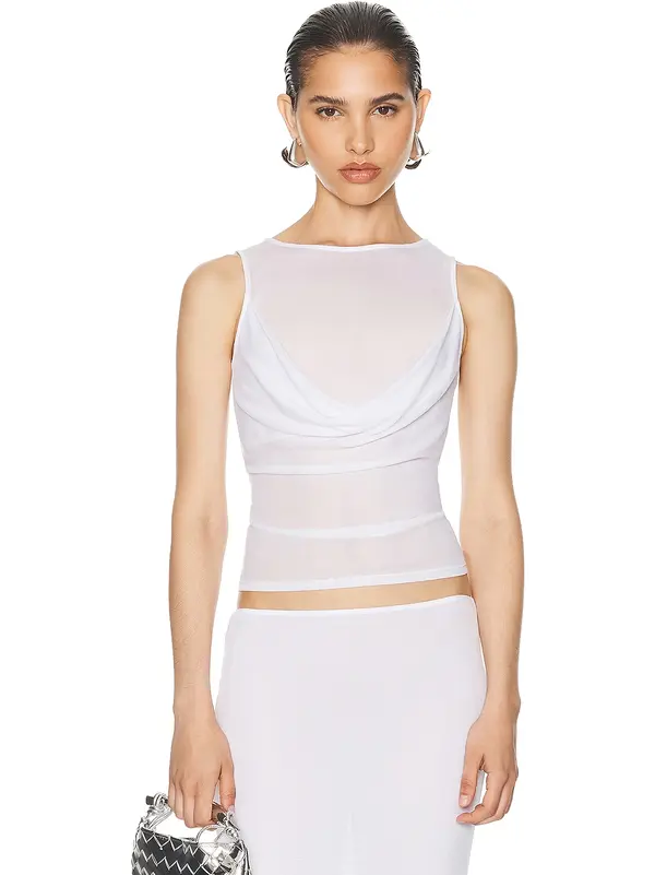 HELSA Sheer Knit Draped Top - White