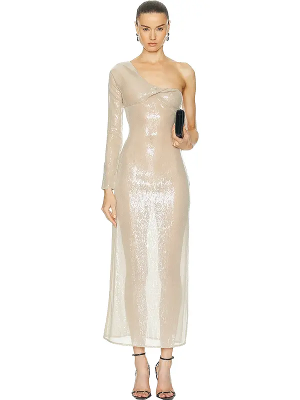 COURREGES Twist Asymetrical Glitter Long Dress - Sand