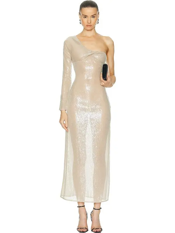 COURREGES Twist Asymetrical Glitter Long Dress - Sand