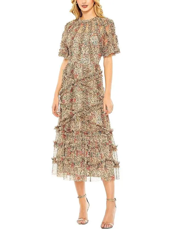 Mac Duggal Floral Flutter Sleeve Mesh Print Midi Dress - Beige Multi