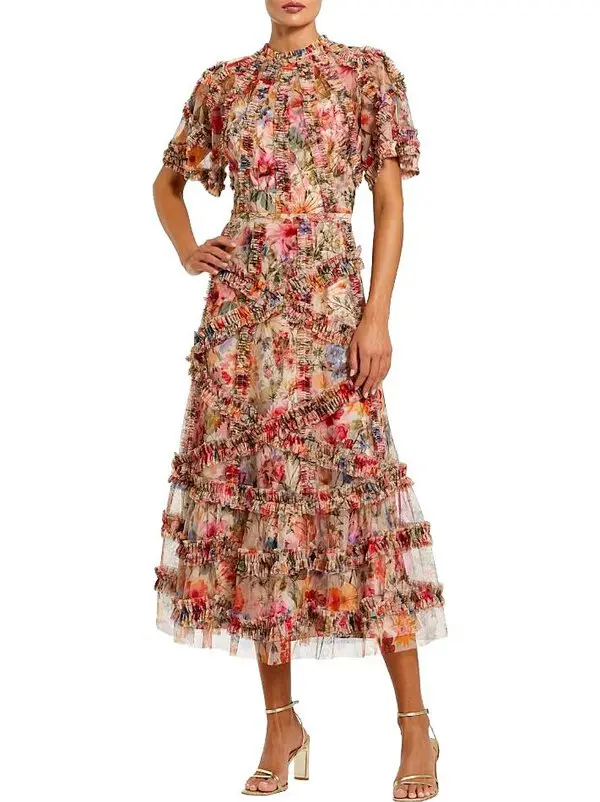 Mac Duggal Floral Flutter Sleeve Mesh Print Midi Dress - Cream Multi