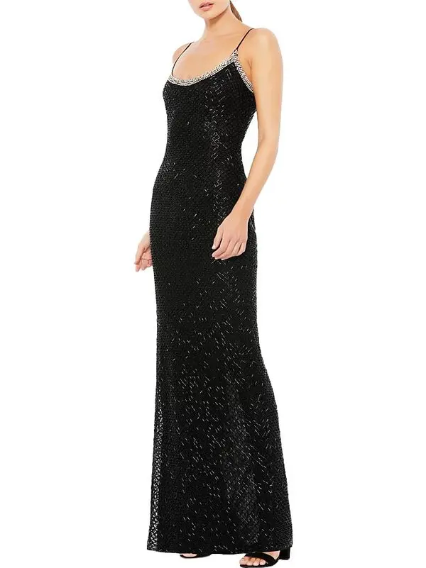 Mac Duggal Beaded Spaghetti Strap Column Gown - Black