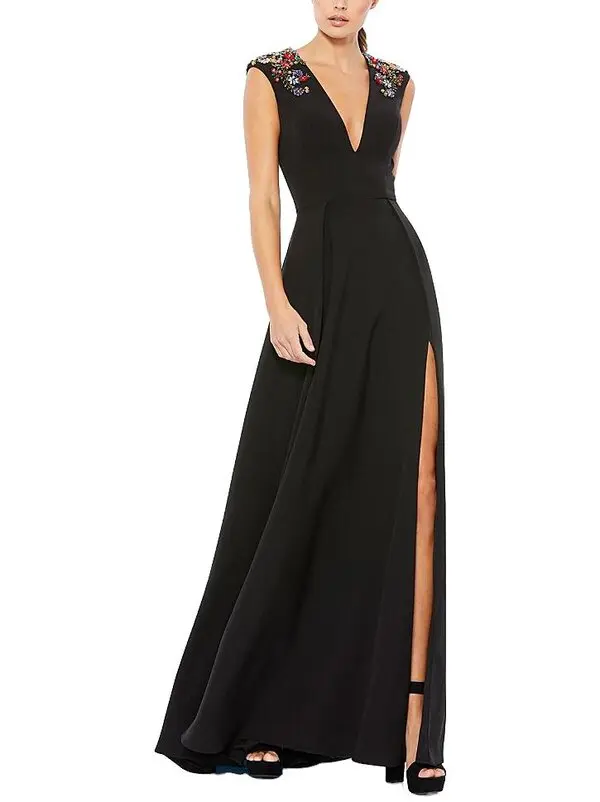 Mac Duggal Beaded Cap Sleeve V-neck A-line Gown - Black