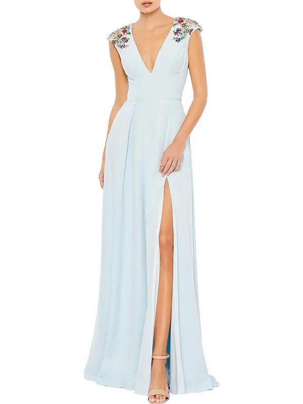 Mac Duggal Beaded Cap Sleeve V-neck A-line Gown - French Blue