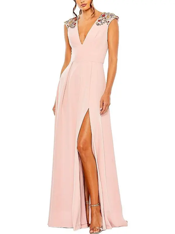 Mac Duggal Beaded Cap Sleeve V-neck A-line Gown - Rose Pink