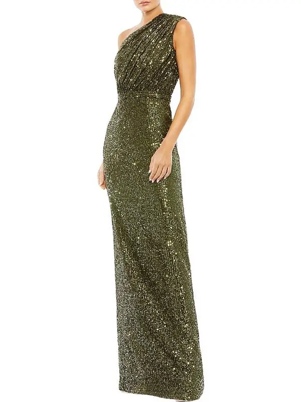 Mac Duggal Sequined One Shoulder Gown - Olive