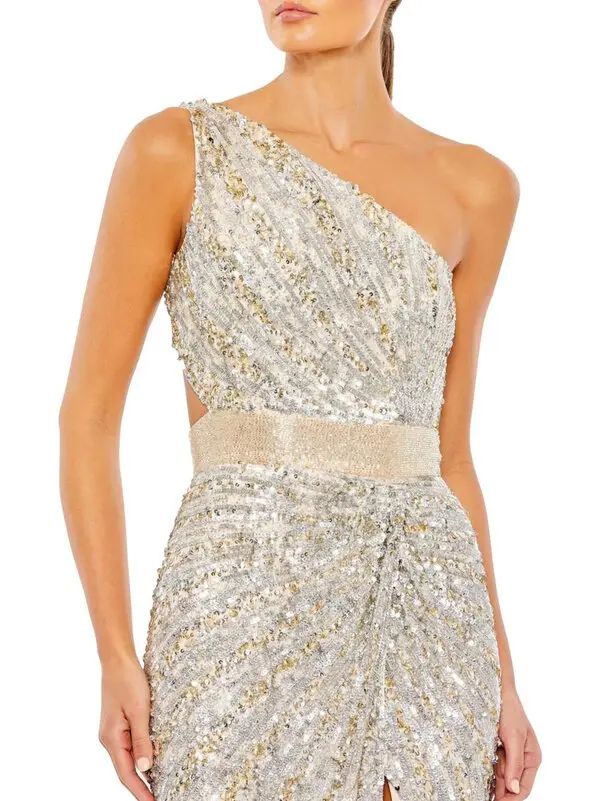 Mac Duggal Sequined One-shoulder Gown - Nude Silver