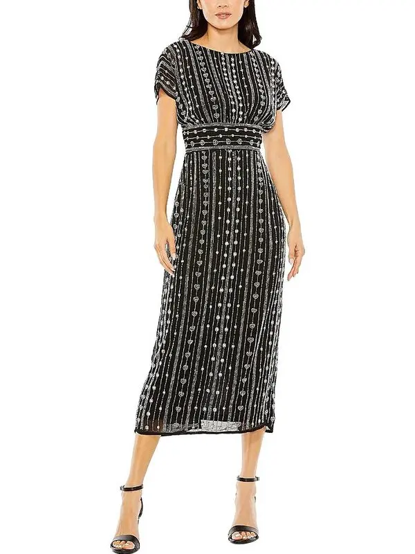 Mac Duggal Beaded Cap Sleeve Column Midi Dress - Black