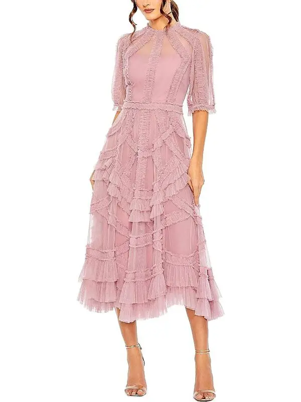 Mac Duggal High Neck Ruffle Tiered Dress - Antique Rose
