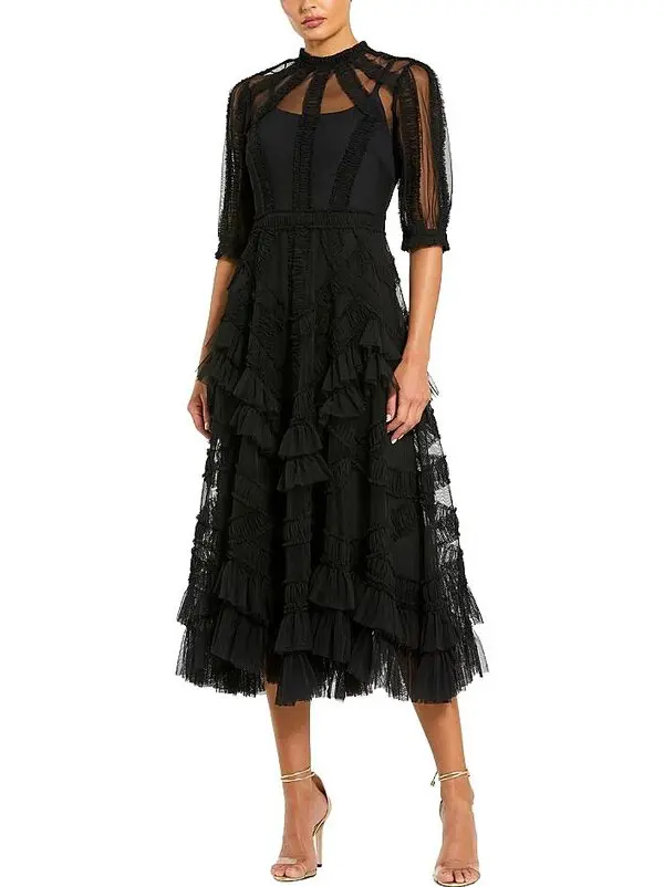 Mac Duggal High Neck Ruffle Tiered Dress - Black