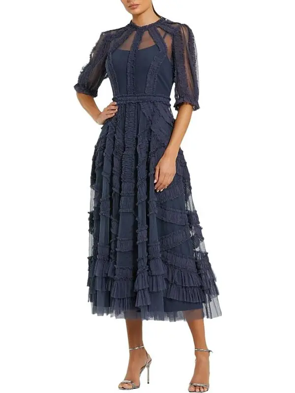 Mac Duggal High Neck Ruffle Tiered Dress - Midnight