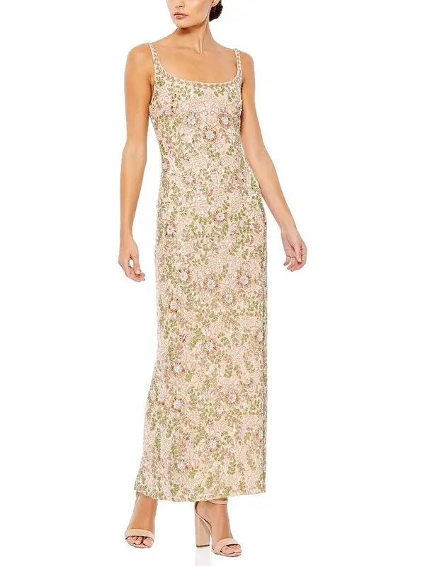 Mac Duggal Hand Beaded Floral Midi Dress - Nude Multi